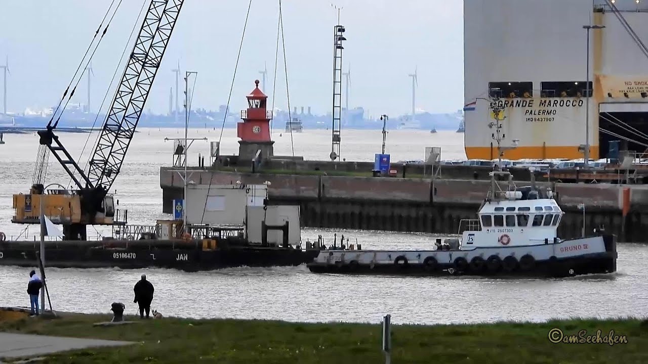 Emden Schlepper Gruno IV PHEK IMO 9342669 & Arbeits Ponton JAN inbound ...