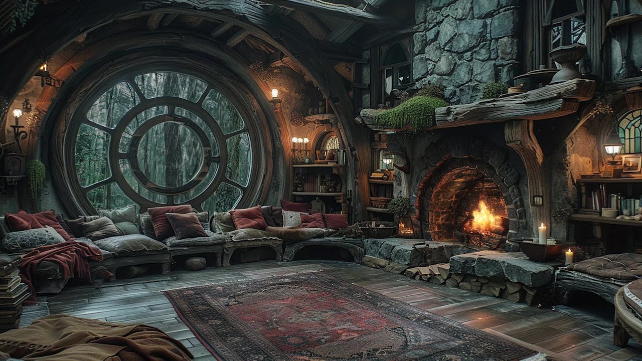 Cozy Hobbit Living Room During Winter - Soothing Fireplace & Relaxing ...