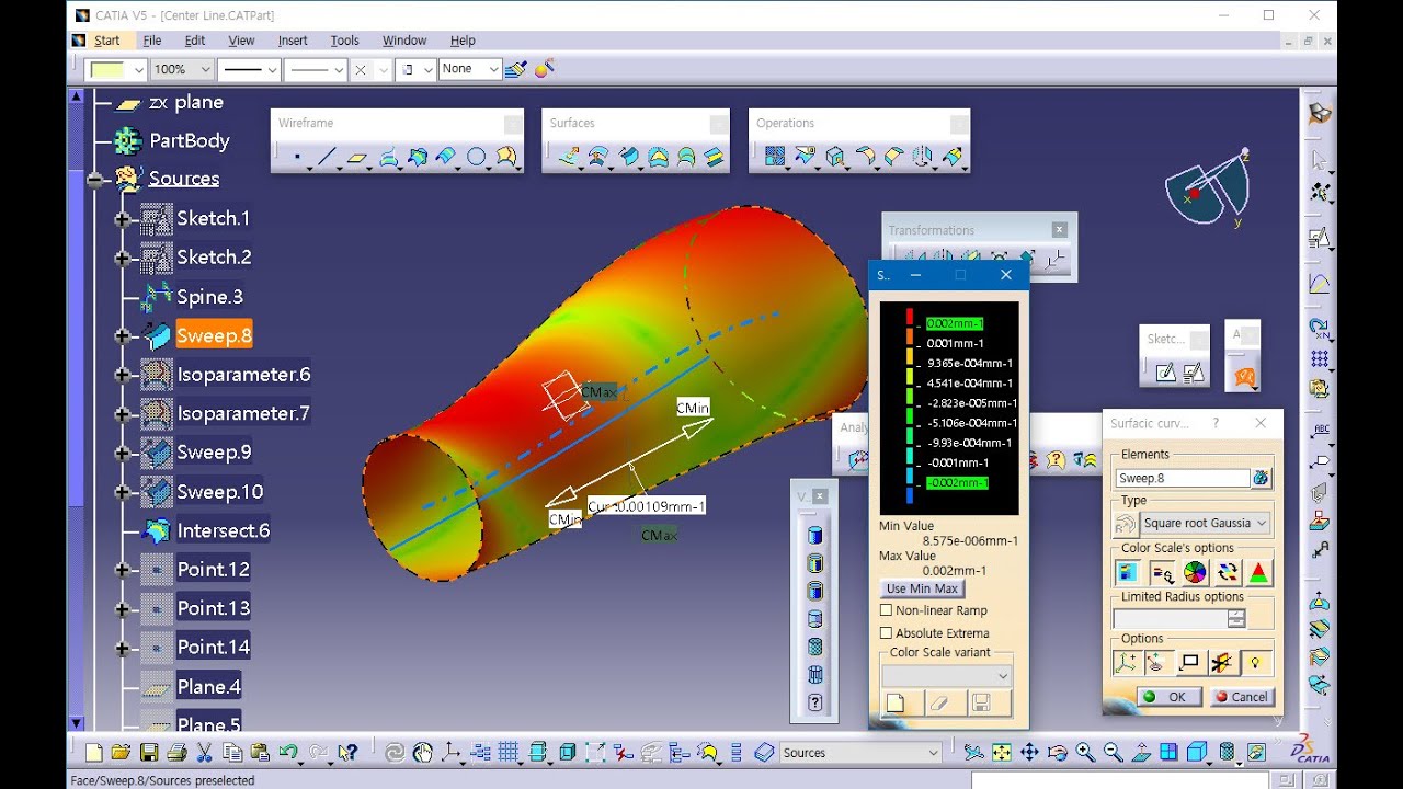 Catia의 Circular Sweep중 Two Guide and Radius로 생성된 곡면의 중심선(Center Line)를 ...