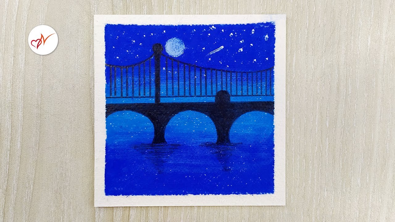 How to draw moonlit night bridge scenery | Easy oil pastel drawing ...