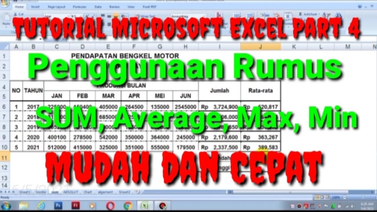 Tutorial Microsoft Excel Part 4 ( Penerapan fungsi SUM, Average, Max, Min ) Pendapatan Bengkel ...