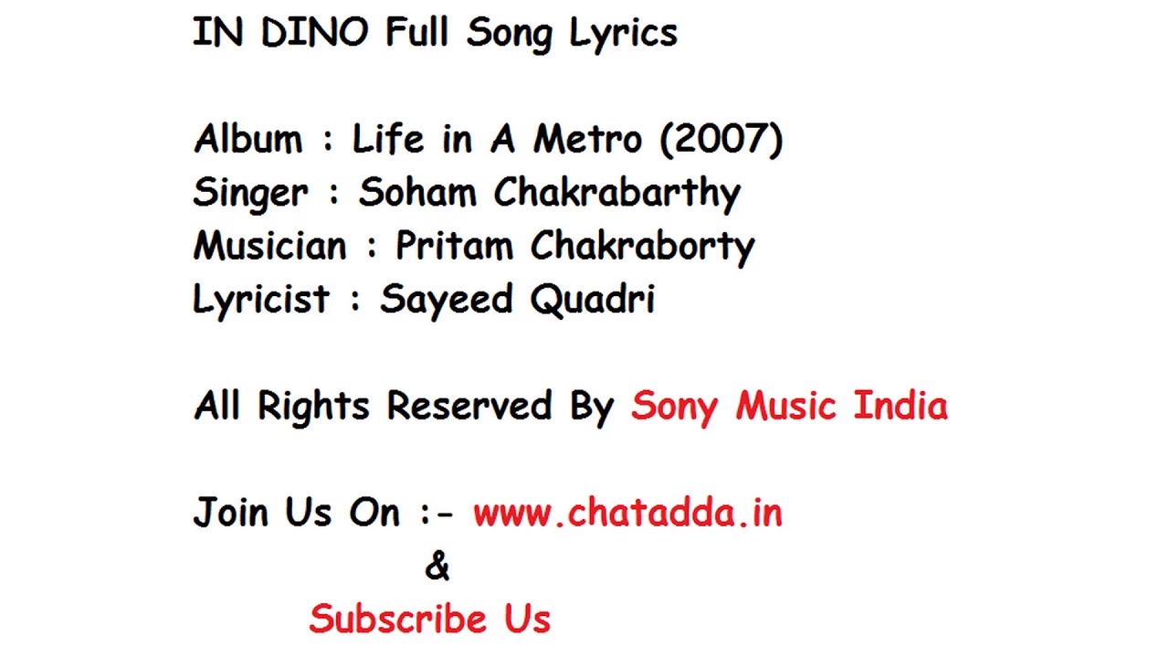 IN DINO Full Song Lyrics Movie - Life In A Metro | Soham Chakrabarthy ...