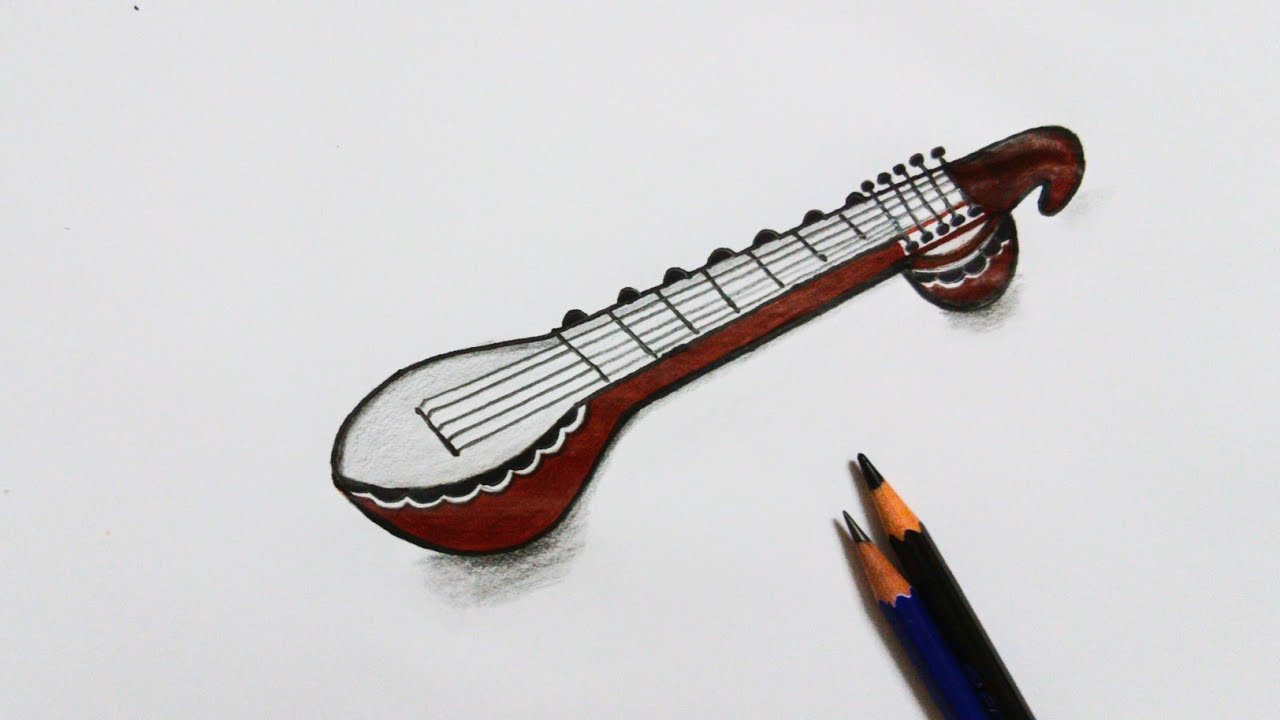 veena drawing easily/How to draw veena step by step/musical instrument ...