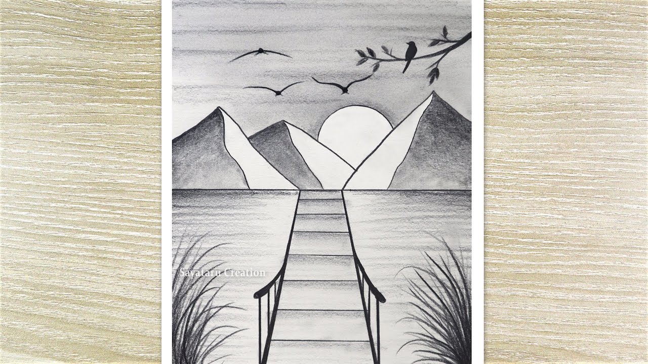 How to Draw Scenery of Sunrise scenery, Sunset Nature Drawing, Pencil ...