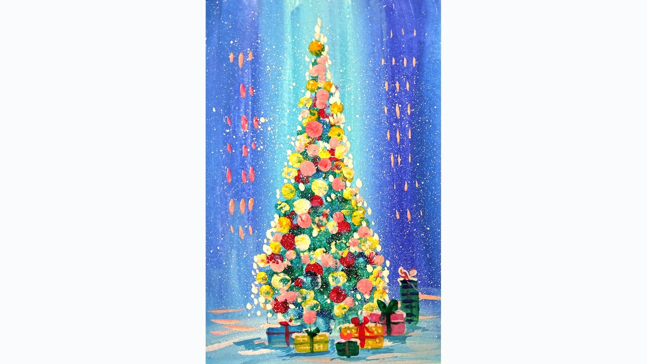 How to draw a Christmas tree / Как нарисовать новогоднюю ёлочку / гуашь ...