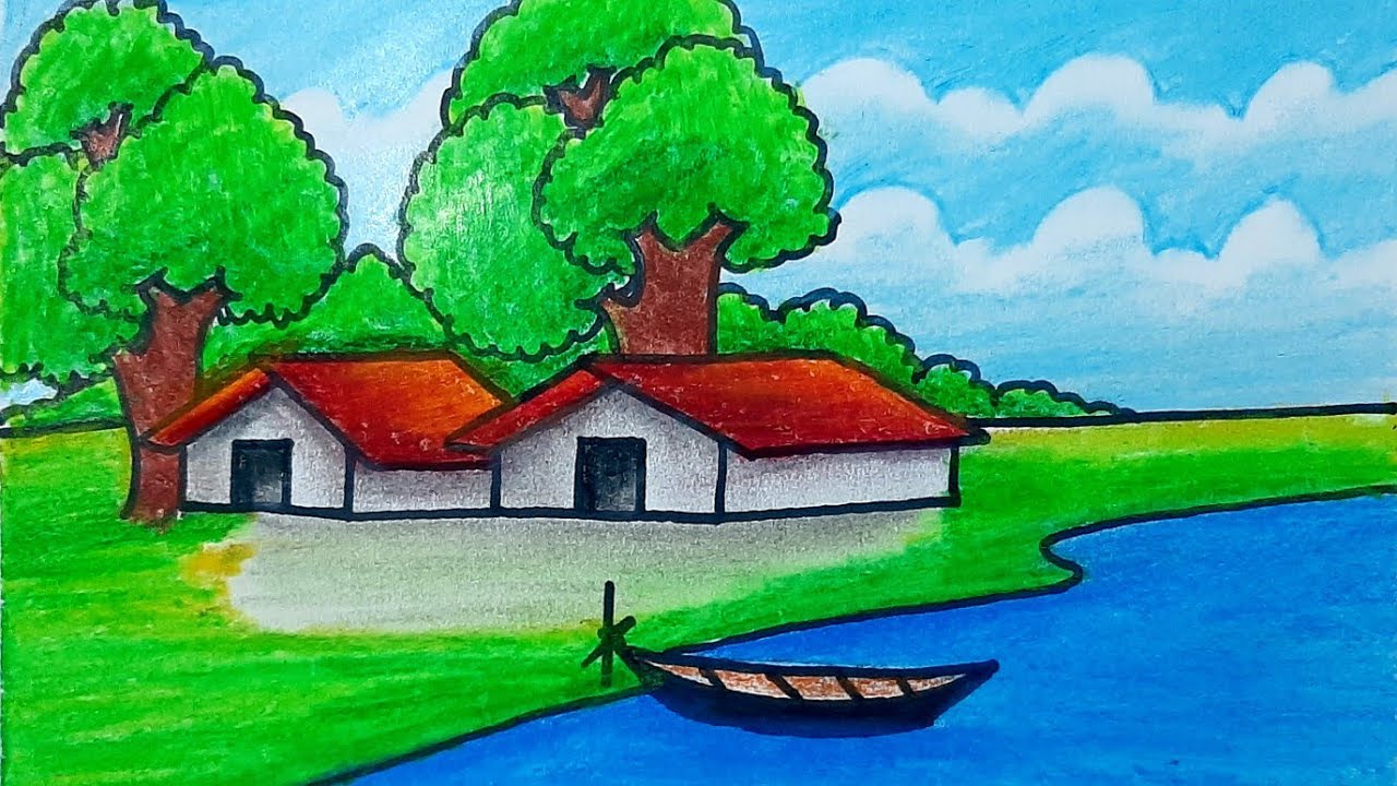 How to draw a village scenery drwing step by step - YouTube