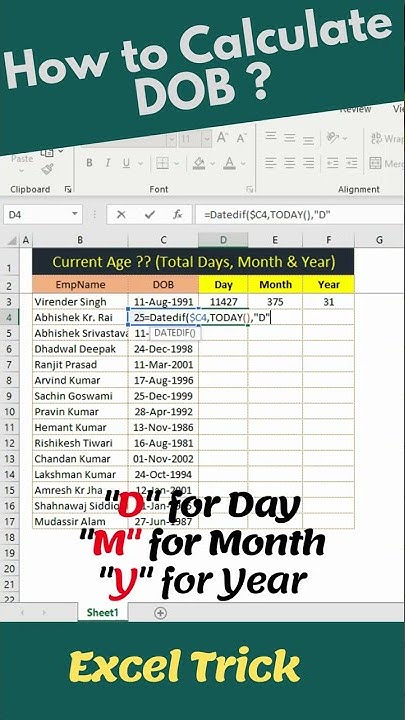 How To Use Datedif Function In Excel I Calculated Dob Shorts Exceltips Viralvideo Shortsfeed 