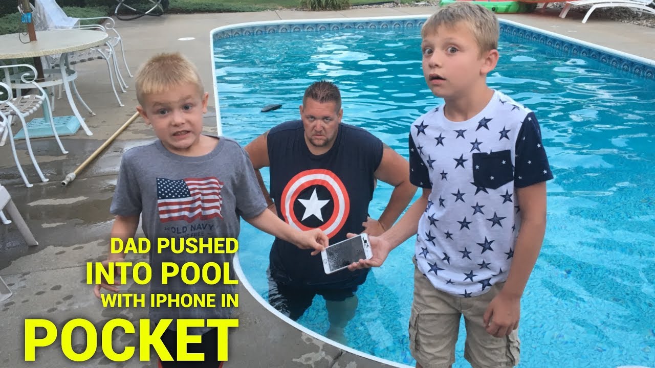 Dad Pushed Into Pool With iPhone In Pocket - YouTube