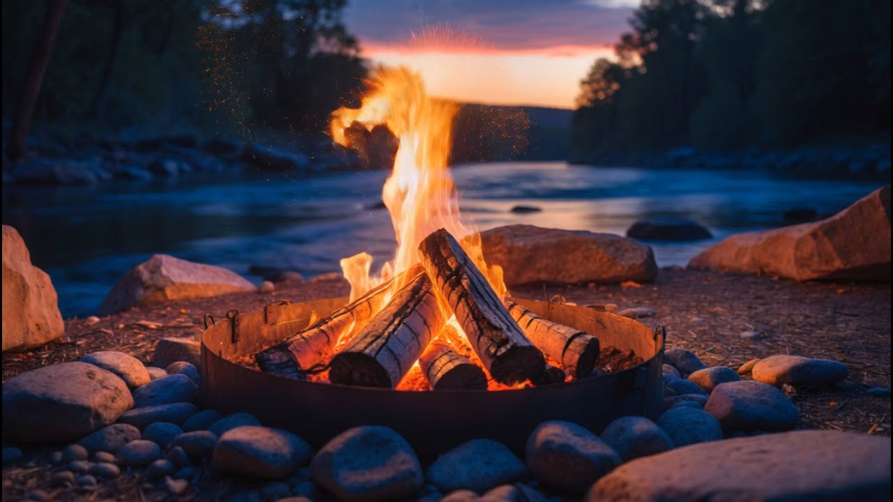 Cozy Evening Fire Beside a Quiet River 🔥 Relaxing Flames & River Flow 🔥 ...