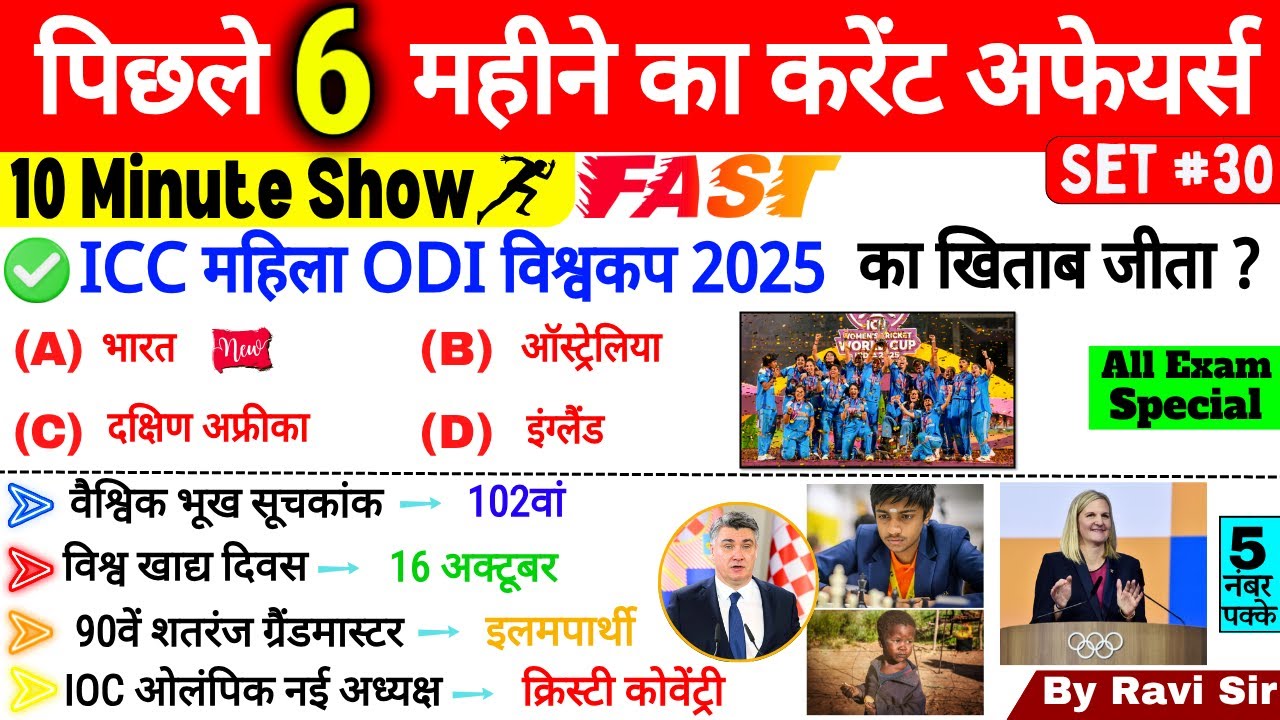 Last 6 Months Current Affairs 2025 | Set 30 | Top 50 | January to Nov ...