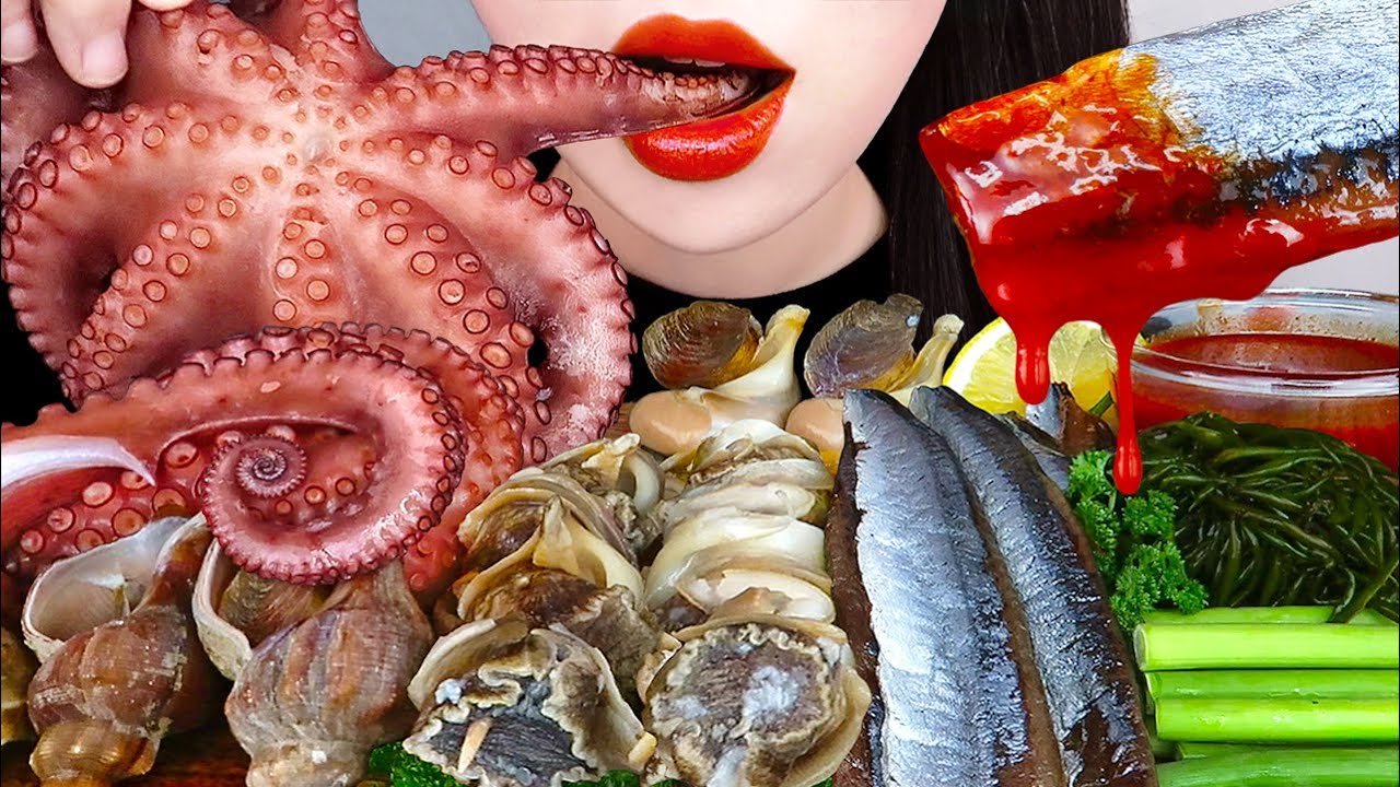 ASMR SEAFOOD OCTOPUS 문어, 과메기, 소라 먹방 (손질법 포함) TURBAN SHELL, GWAMEGI NO ...