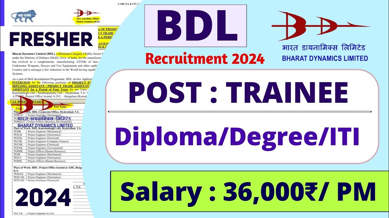 BDL Recruitment 2024। Project Diploma Assistant। BDL Project Engineer ...
