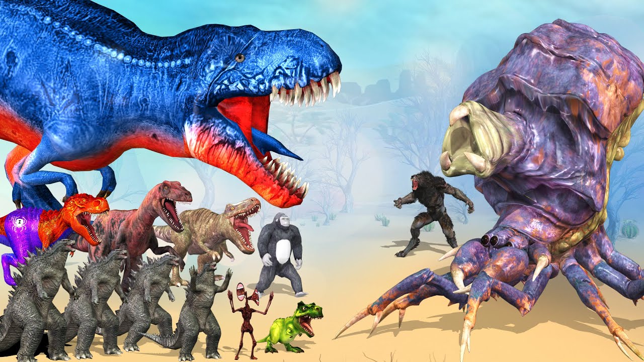 WOLF vs Team GODZILLA DINOSAURS who is the king? Megalodon Rex Jurassic ...
