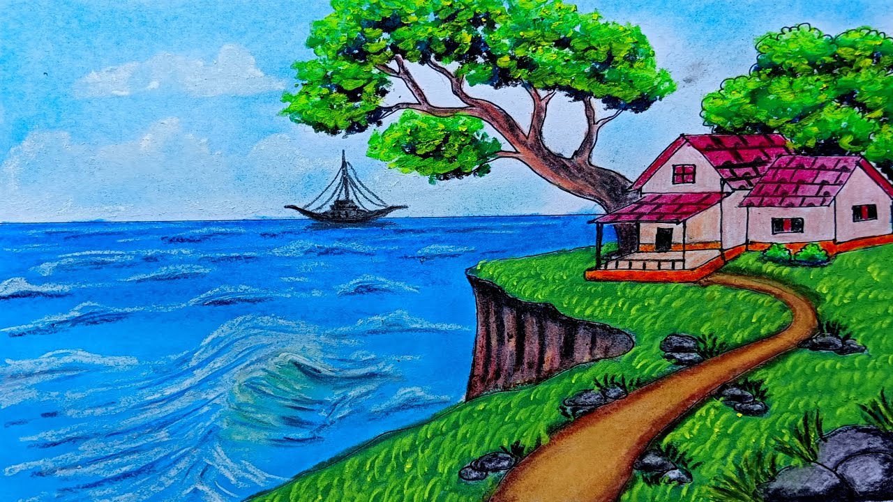 seaside village drawing with beautiful nature - YouTube