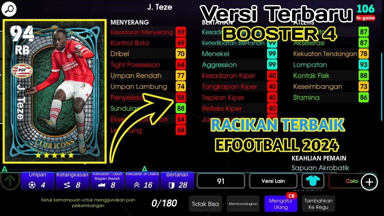 Racikan J. Teze Bek perusak bintang 4 max level Rating Efootball 2024 ...
