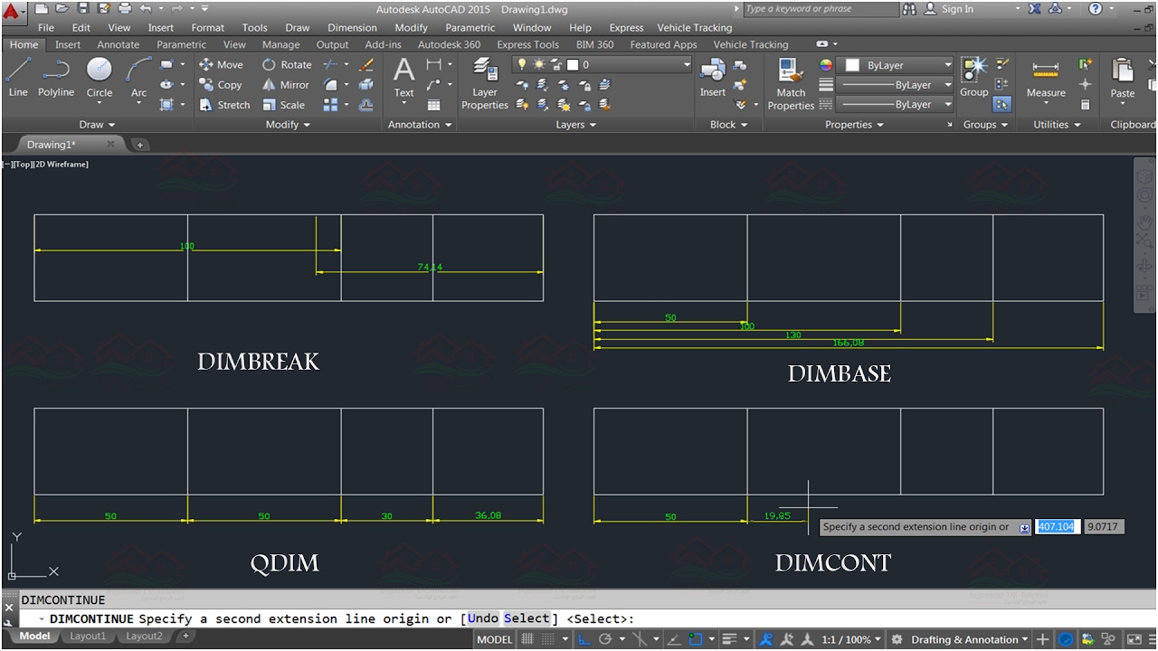 شرح الأوامر DIMCONT , DIMBASE . DIMBREAK , QDIM على برنامج Autocad ...