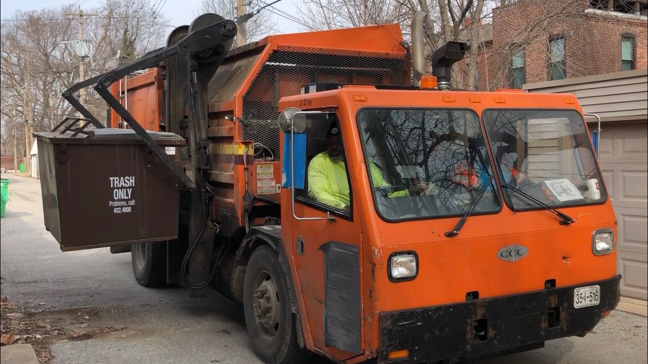 2 Orange Commercial Side Loader Garbage Trucks in St Louis Alleys - YouTube