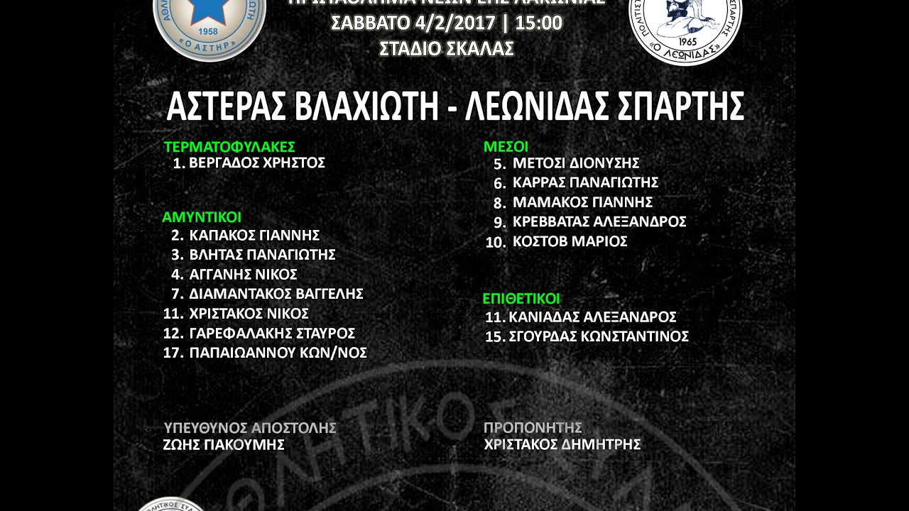 ΛΕΩΝΙΔΑΣ ΣΠΑΡΤΗΣ - ΑΣΤΕΡΑΣ ΒΛΑΧΙΩΤΗ 0-1 | 2ο ΗΜΙΧΡΟΝΟ ΠΡΩΤΑΘΛΗΜΑ ΝΕΩΝ ...