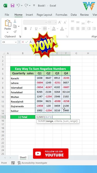 Sum Negative Numbers In Excel #excel #shorts #exceltips - YouTube