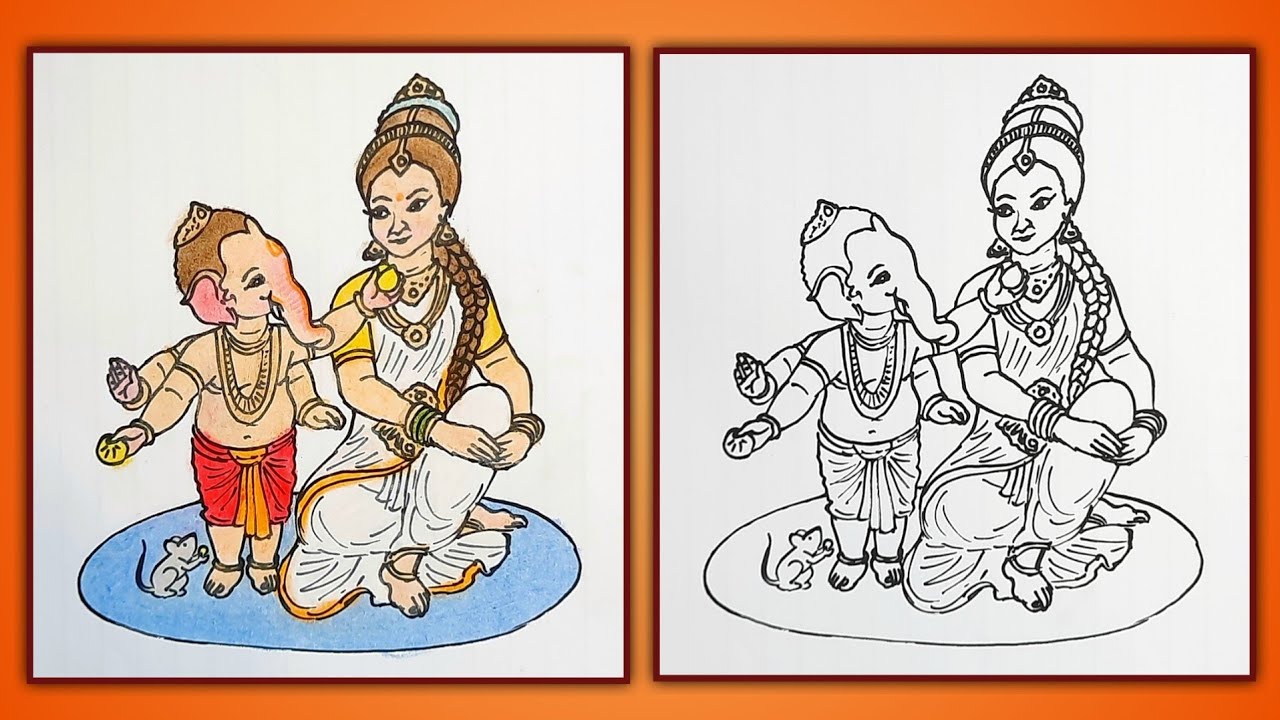 Drawing & Colouring | Lord Ganesha With Goddess Parvati - YouTube