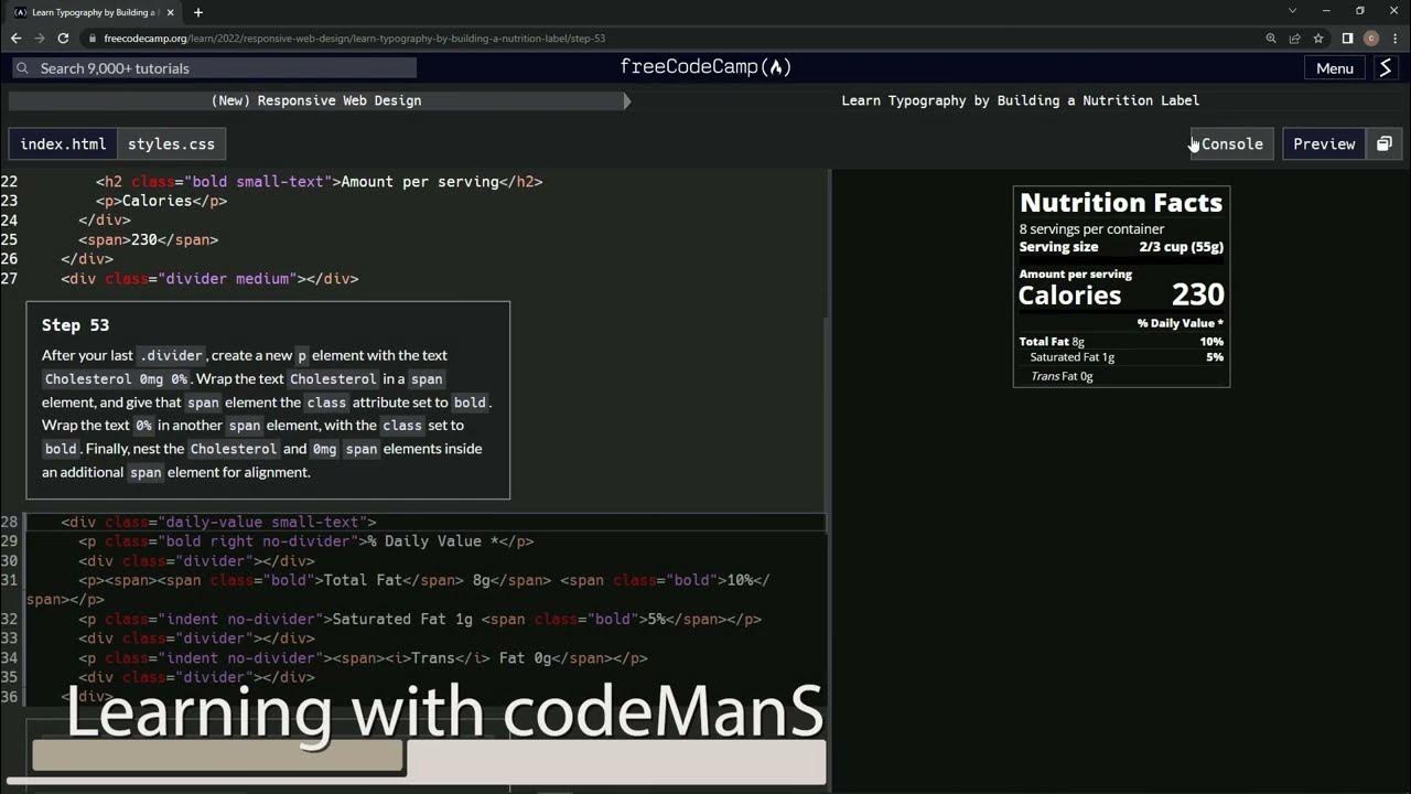 learn2code | freeCodeCamp (New) Responsive Web Design - Building a Nutrition Label: Step 53 ...