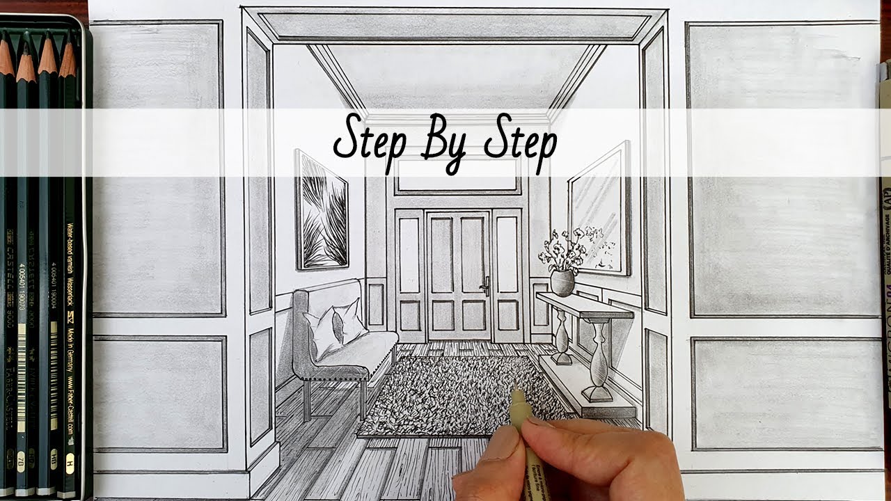 How To Draw A Foyer (Entryway) in One Point Perspective | Step By Step ...