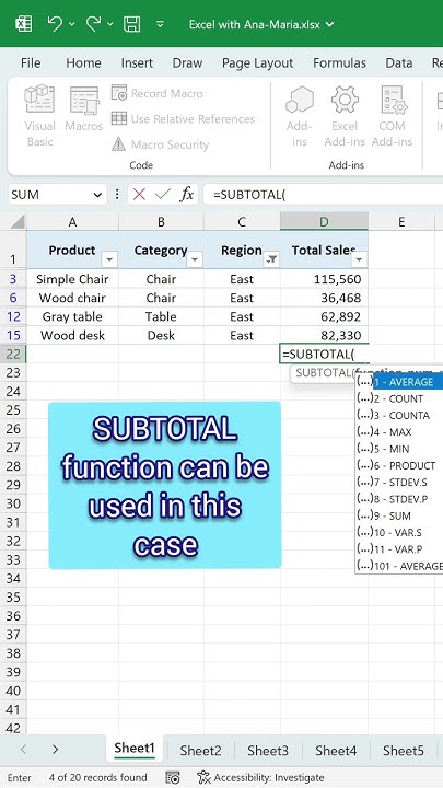 How To Sum Only Filtered Or Visible Cells Using Subtotal Function Excel Exceltips Shorts