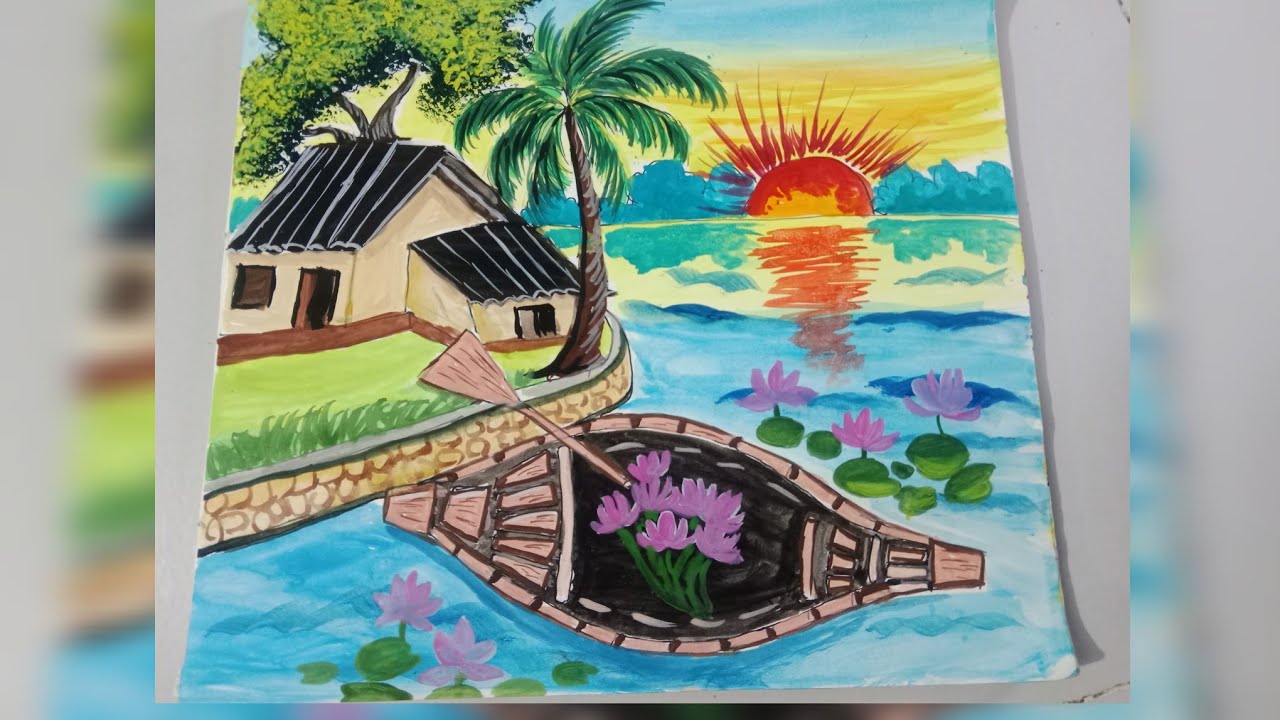 প্রাকৃতিক দৃশ্য আঁকা/গ্রামের দৃশ্য আঁকা /village scenery drawing ...