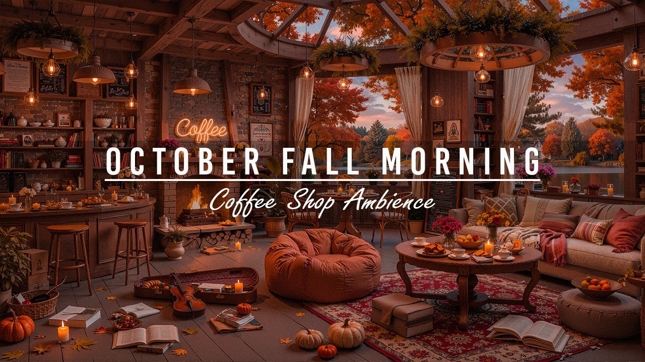 Happy October Fall Morning at Cozy Cafe Shop Ambience🍂Relaxing Piano ...