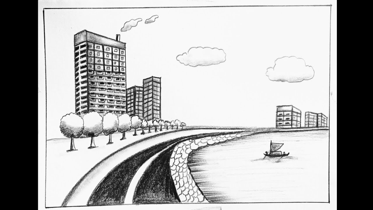 How to draw a very easy city scenery drawing with pencil - YouTube