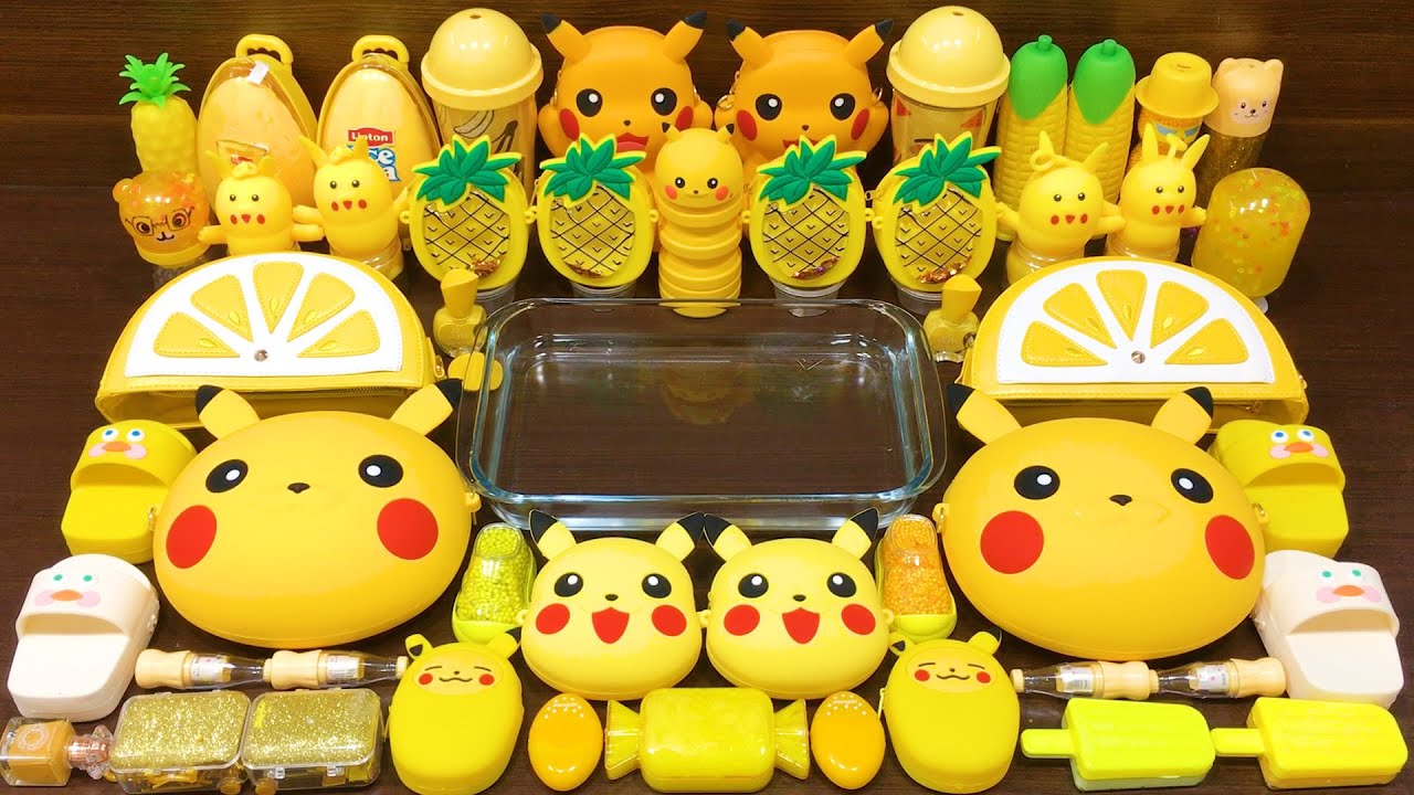 Series Yellow PIKACHU Slime ! Mixing Random Things into CLEAR Slime ...