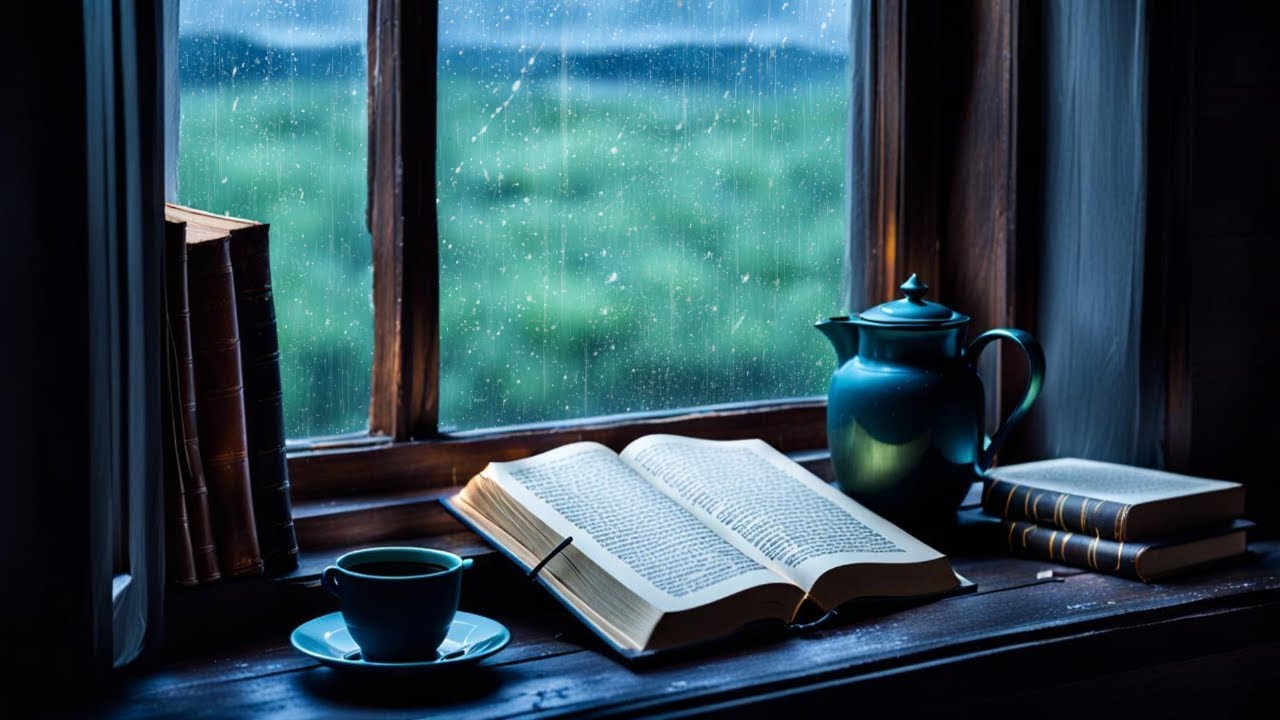 Cozy reading nook on a rainy day, relaxing rain on window and light ...