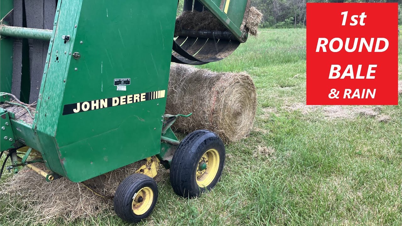 First Round Bale & Rain - JD 335 Baler & MF 1105 Tractor - YouTube