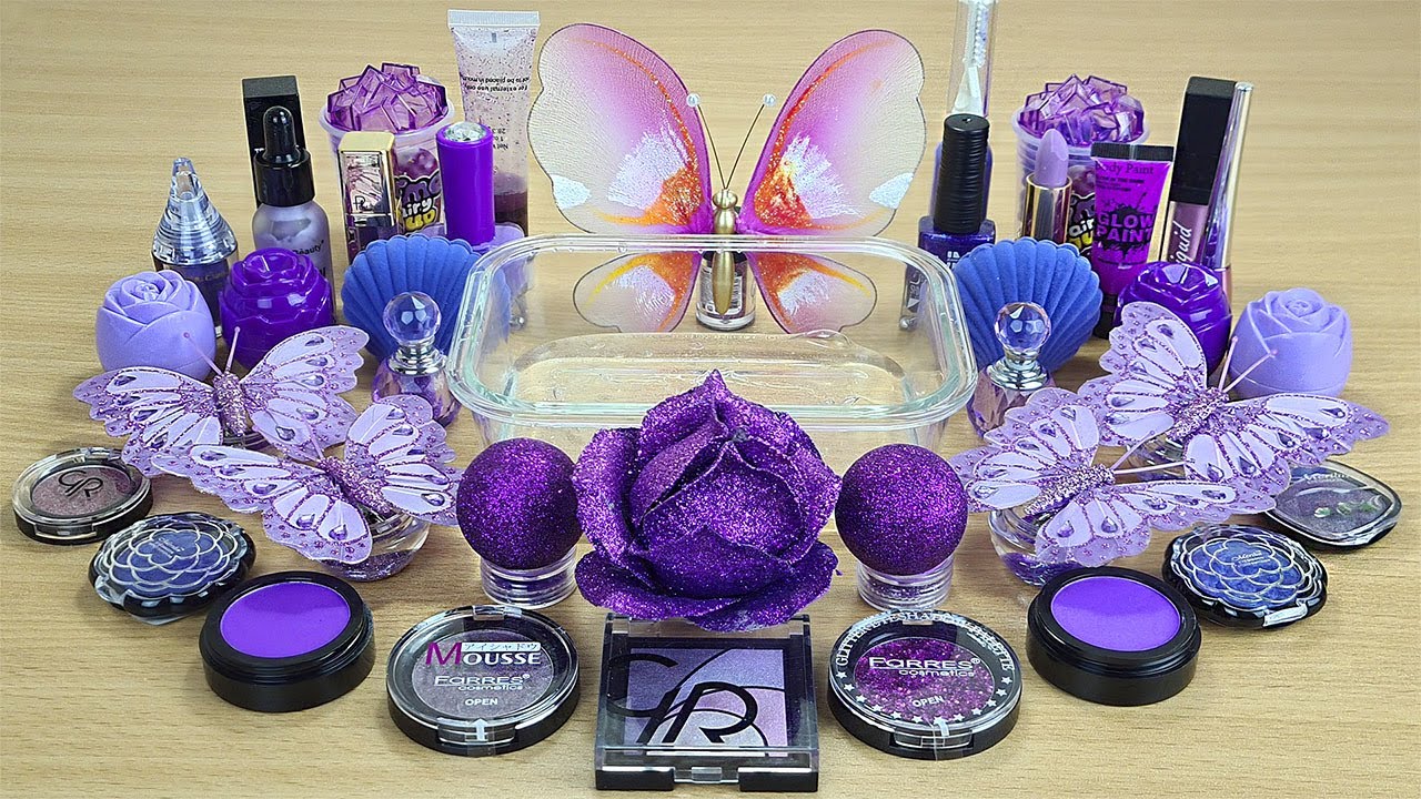 Purple BUTTERFLY SLIME Mixing makeup and glitter into Clear Slime ...