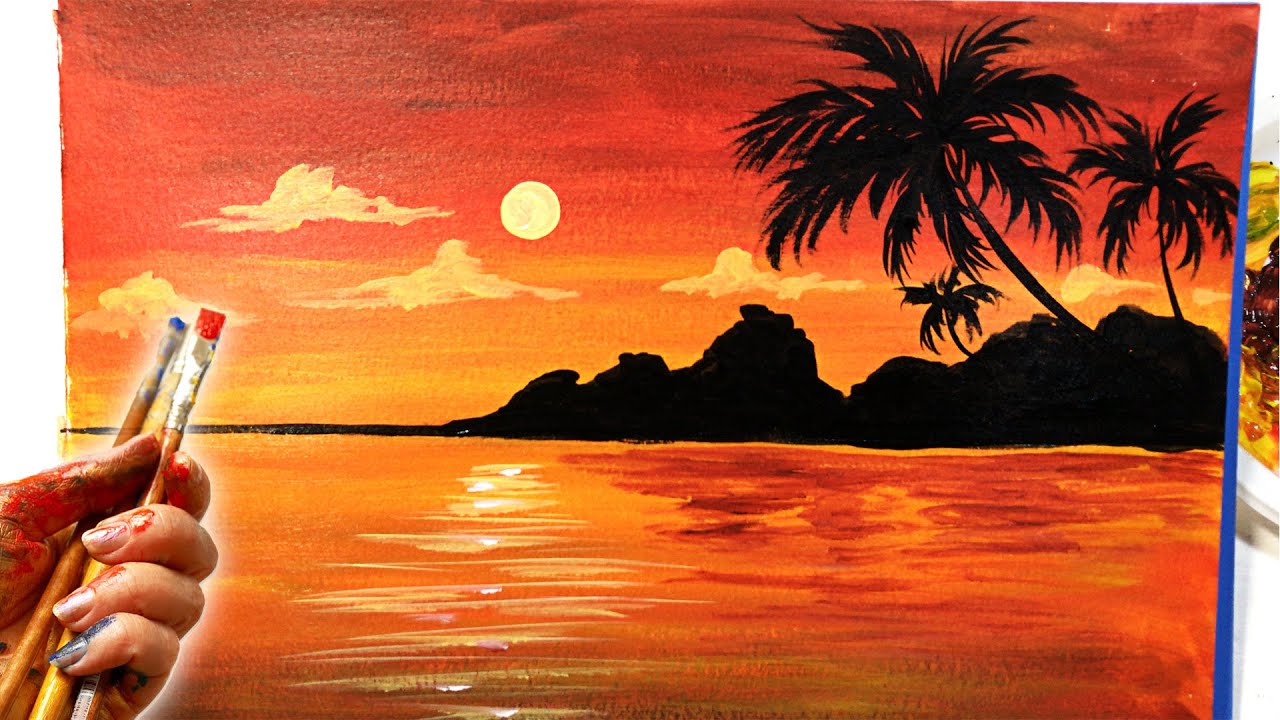 🎨COMO PINTAR UN ATARDECER SUPER FACIL / PAISAJE DE PLAYA EN UN ...