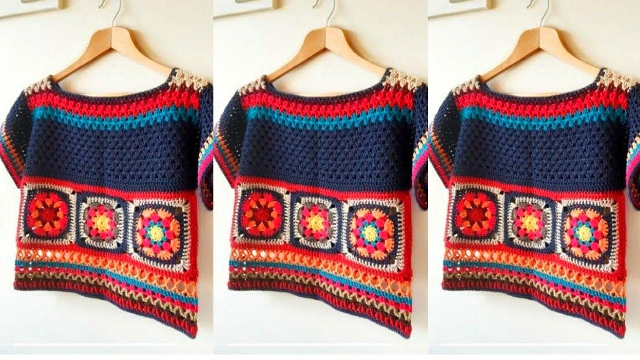 Fabulous and Stylish Free Crochet Granny Square Blouses patterns - YouTube