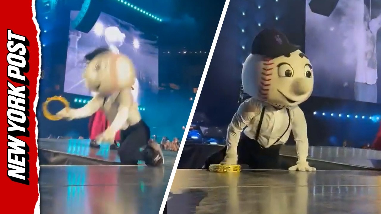 Whoops! Mets Mascot FACE PLANTS off stage at Lumineers concert - YouTube