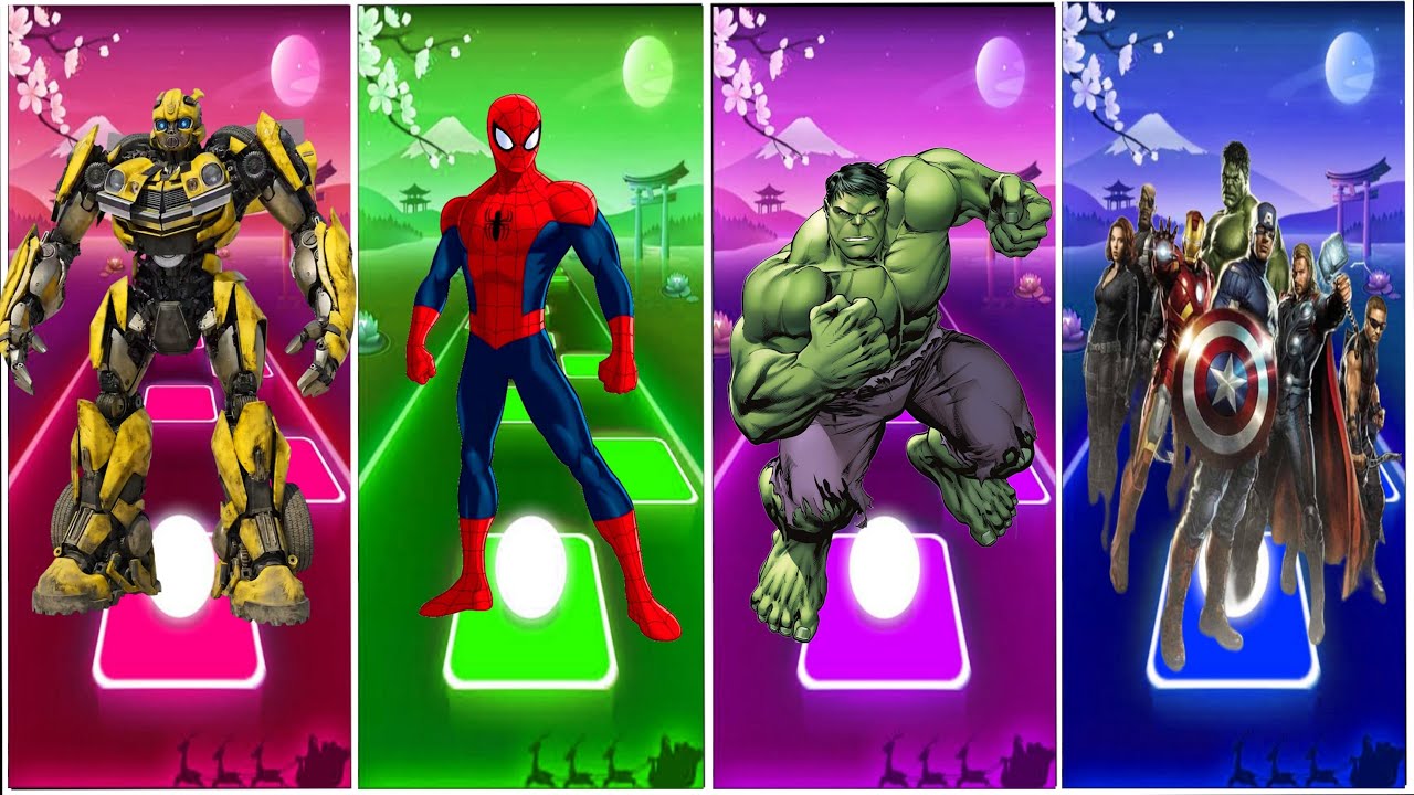 SPIDERMAN VS HULK VS BUMBLEBEE VS AVENGERS TILES HOP JOURNEY - YouTube