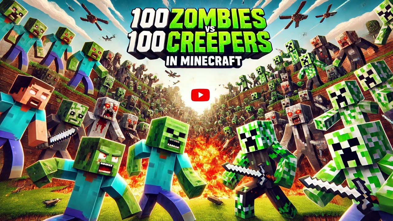 100 zombies versus 100 creepers in Minecraft - YouTube