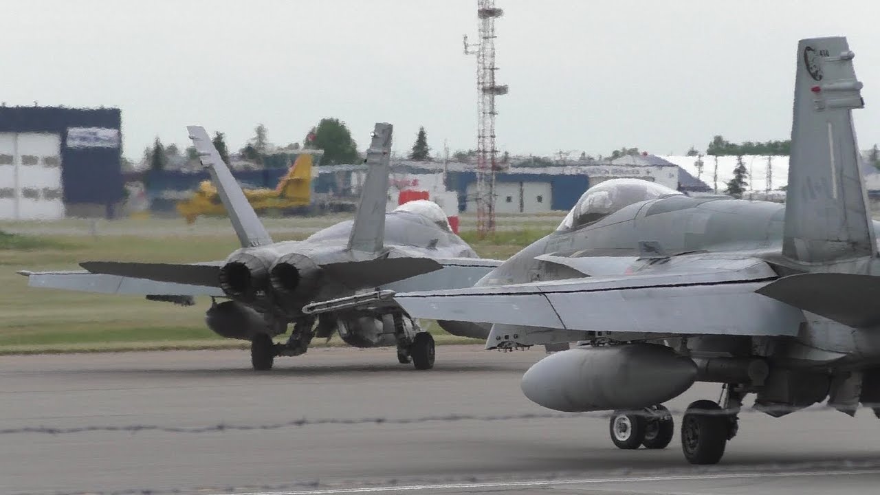 Two RCAF CF-18 Hornets LOUD Startup, Taxi, and Takeoff from Calgary ...
