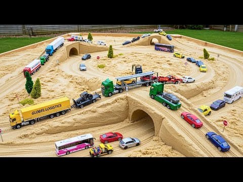 Caminhões e Carros de Brinquedo Cruzando Viadutos de Areia 🚚
