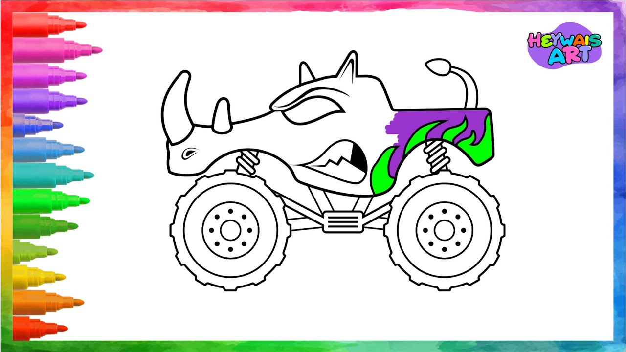 how to draw RHINO MONSTER TRUCK ǀ Learn draw and coloring for kids ...