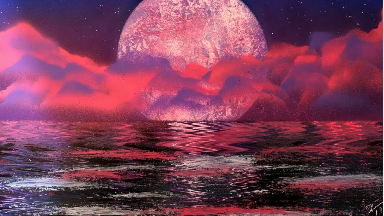 Spray paint painting video of a night ocean scene using pinks and ...