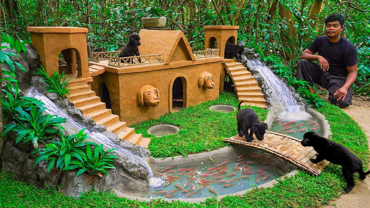Build Dog House for puppies with waterfall and build fishpond for ...