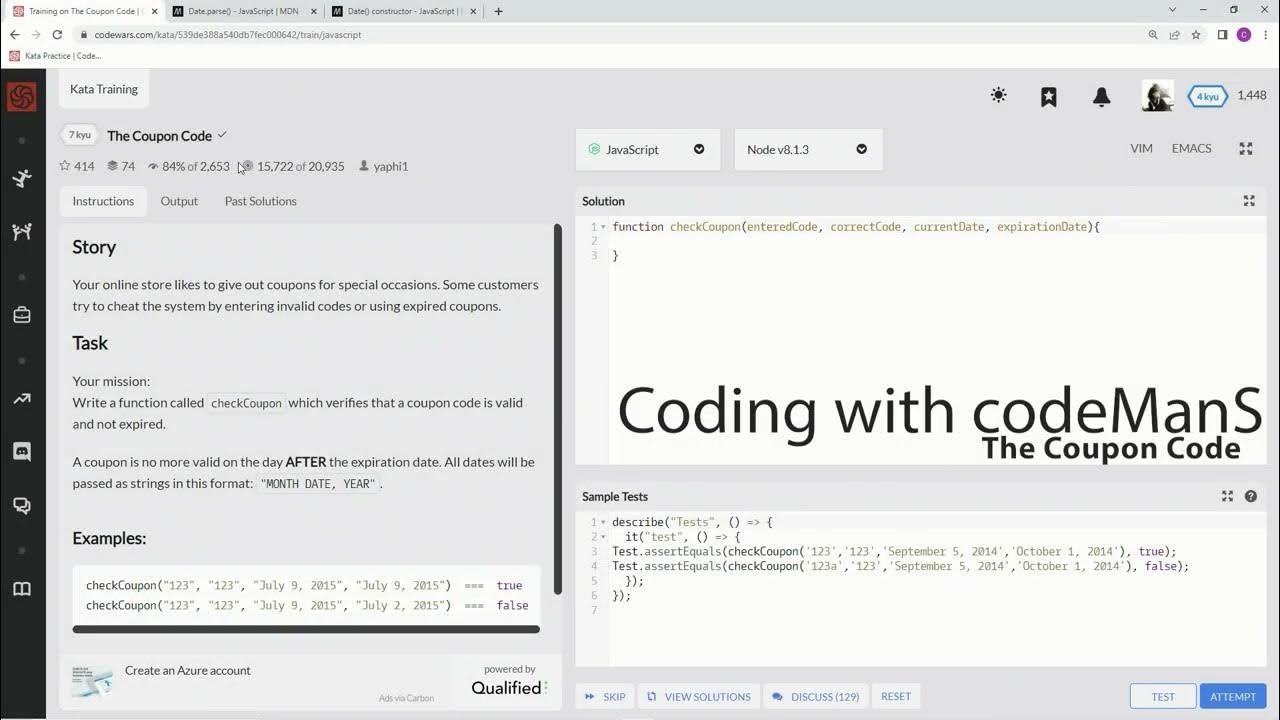 Codewars 7 Kyu The Coupon Code Javascript Youtube