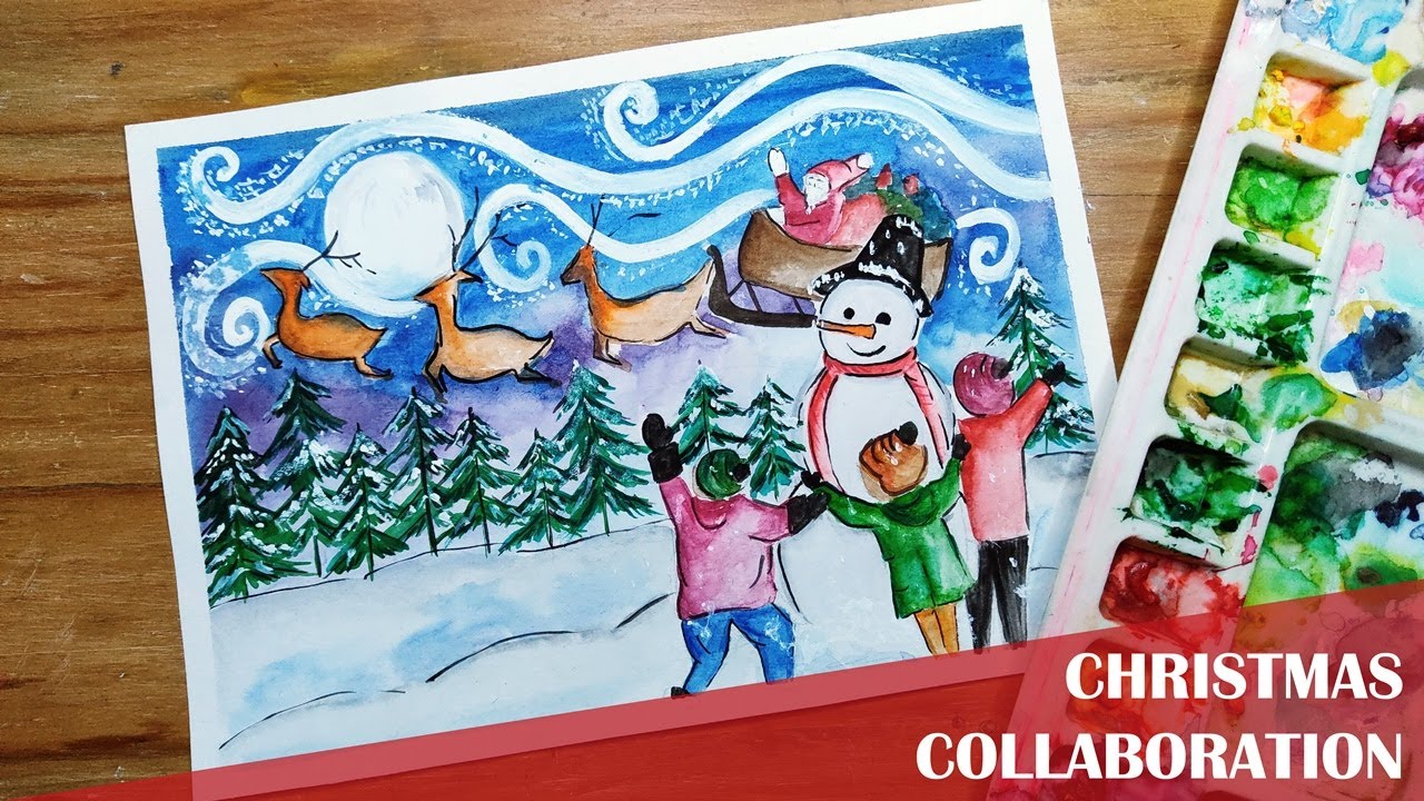 Watercolor Christmas Scenery Painting / Santa Clause / Snowman / Starry ...