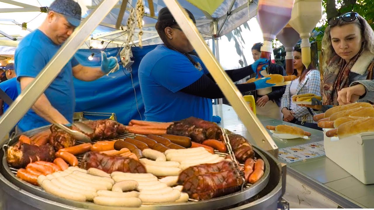 Germany Street Food. 'Schweinshaxe', Bavarian ‘Weißwurst’, ‘Frankfurter ...