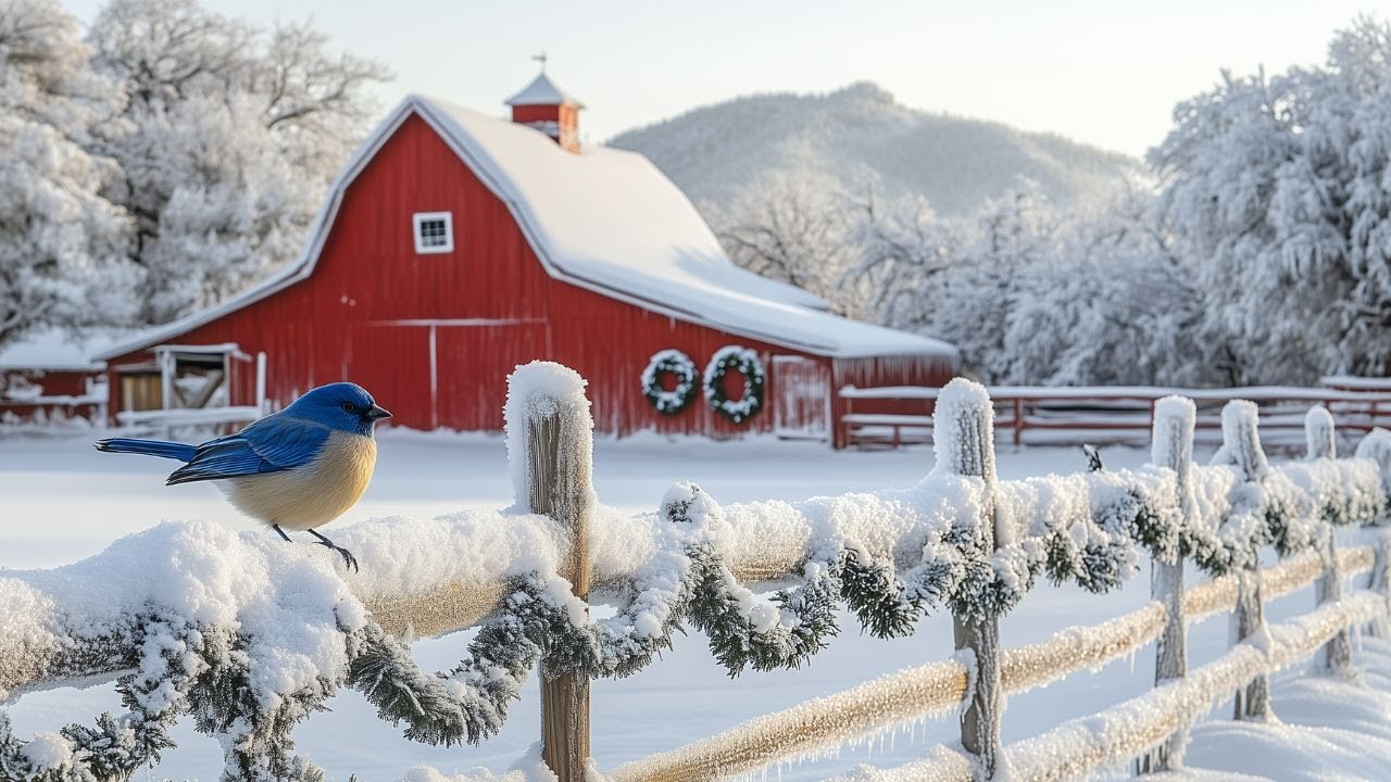 Peaceful Winter Retreat Snowy Red Barn and Bluebird for Relaxation and ...