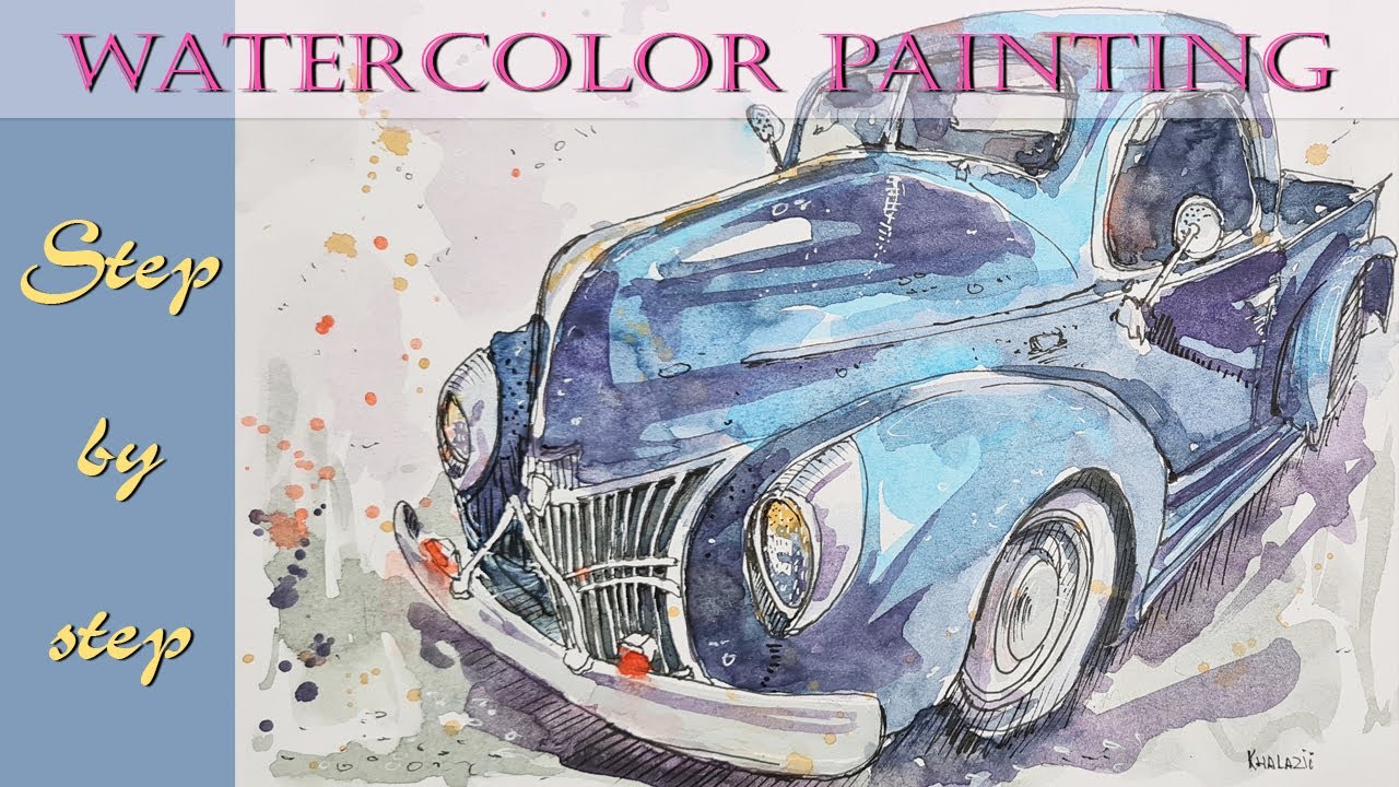 Step by Step Blue Car Watercolor Painting - How to Draw Retro Cars ...