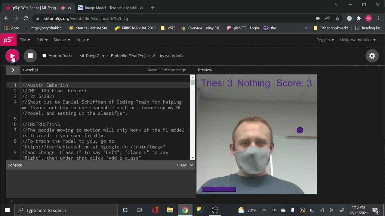 Pong game in P5.js using with ML5.js and Teachable Machine to move the paddle. - YouTube